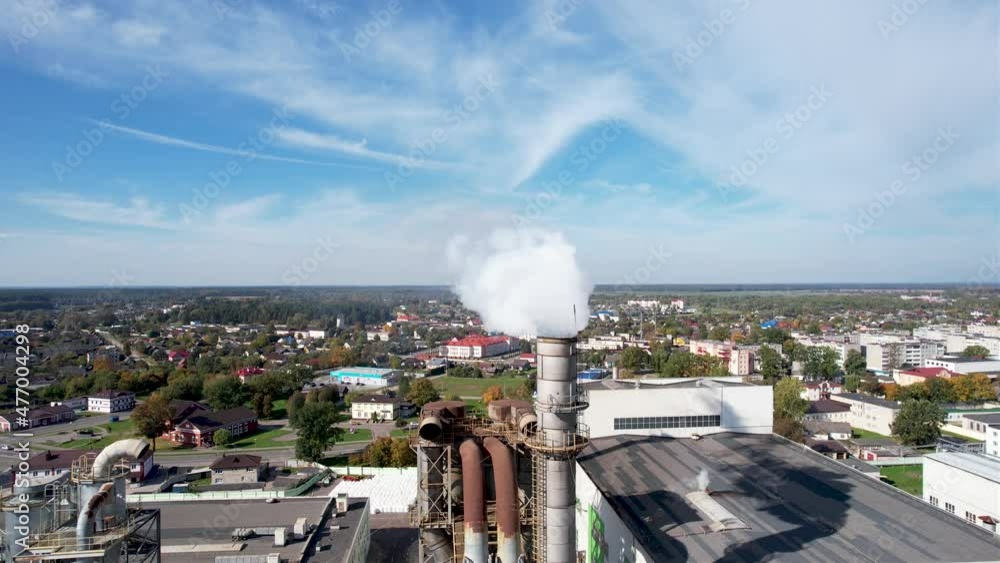 Smoke tower of industrial factory. Chimney smokestack emission.Refinery ...