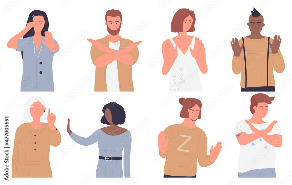 People with stop hand gestures set vector illustration. Cartoon young ...