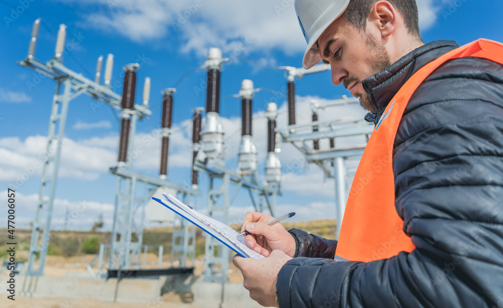 Engineer electrician check the substation construction process Stock ...