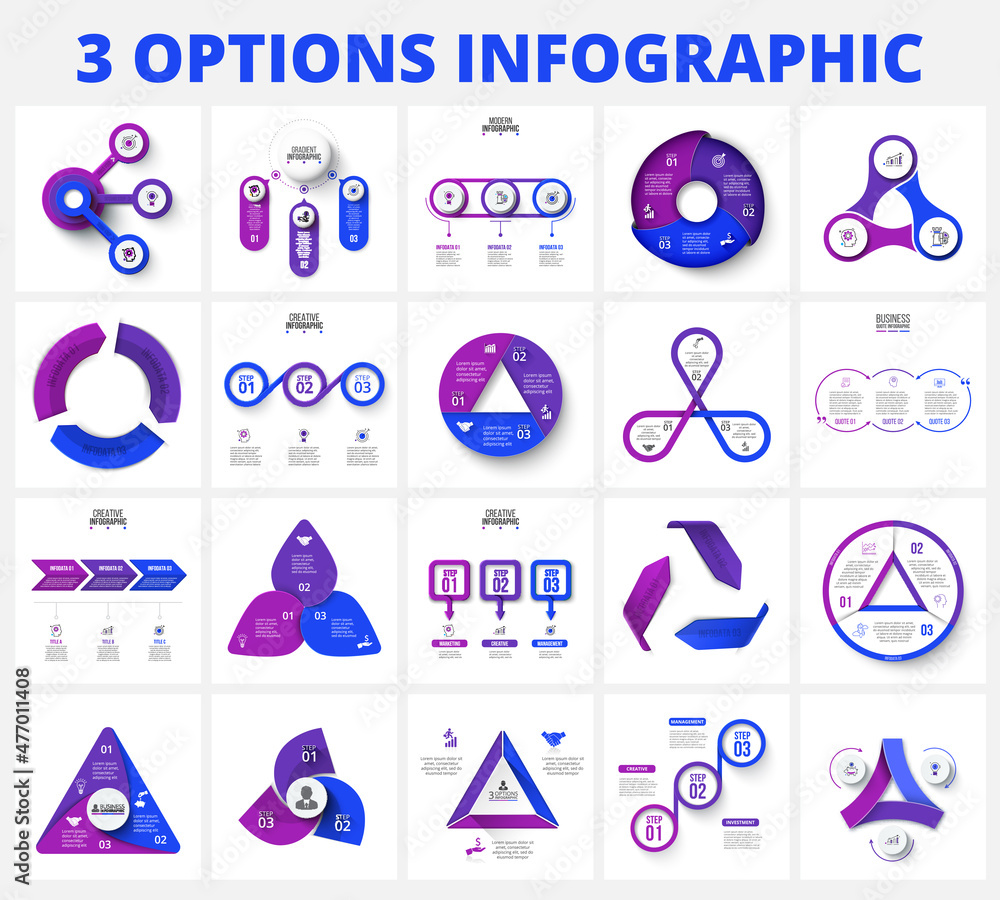 Set of 20 infographic elements with 3 options. Process diagrams, line ...