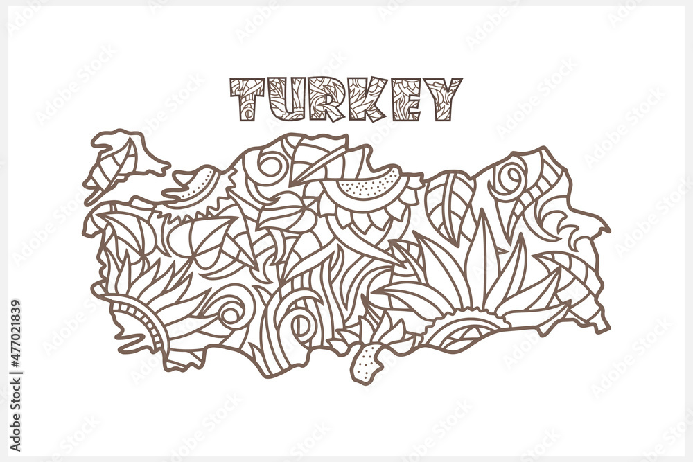Doodle Turkey map. Eco design. Coloring page book. Hand drawn line art ...