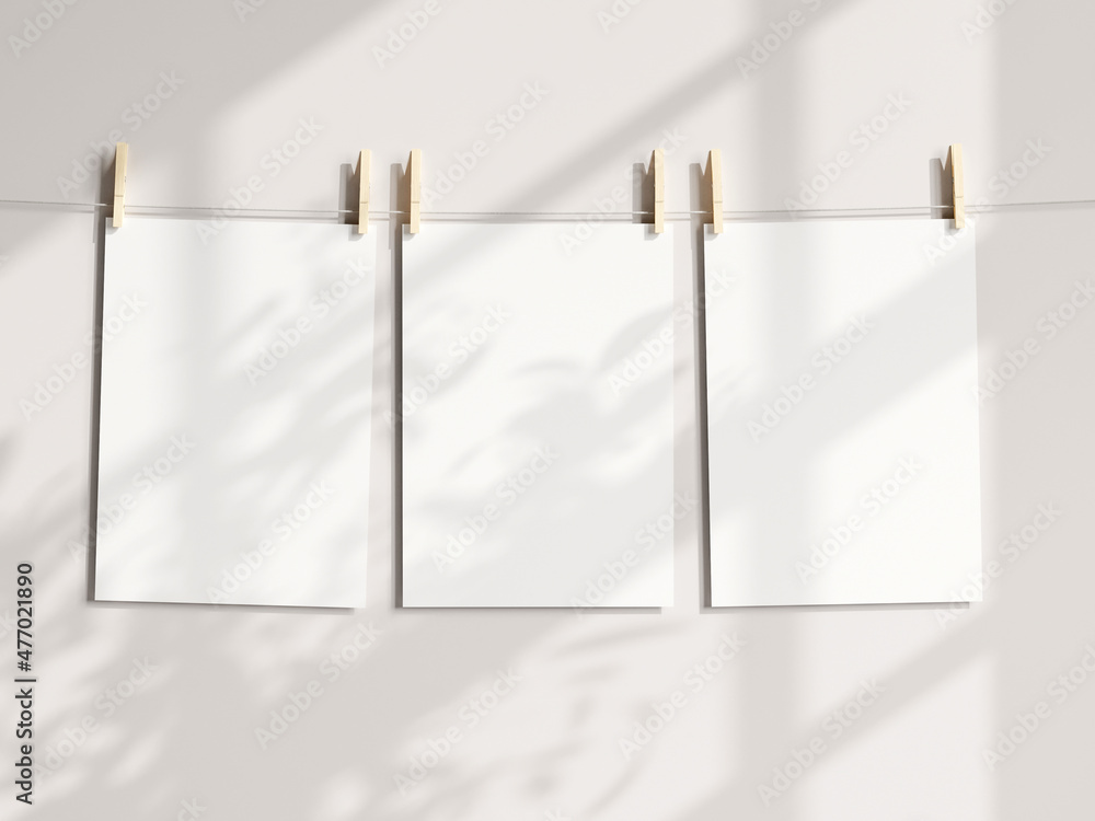 Poster mockup, card mockup, print mockup, paper mockup, pegs and paper ...