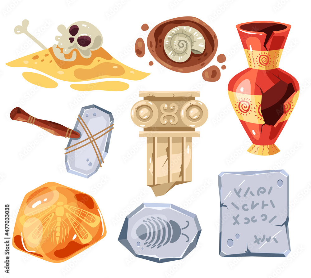 Archaeological items remains isolated set. Vector flat graphic design ...