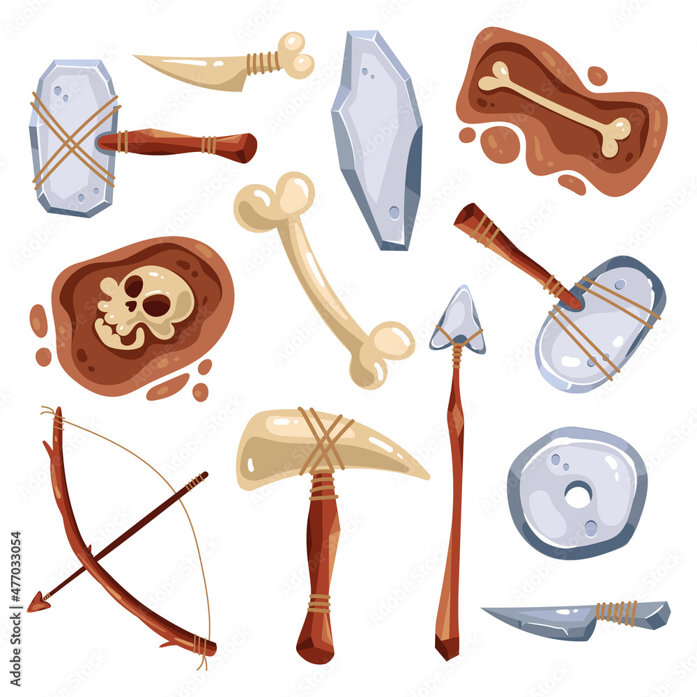 Ancient antique caveman tools barbarian remains isolated set. Vector ...