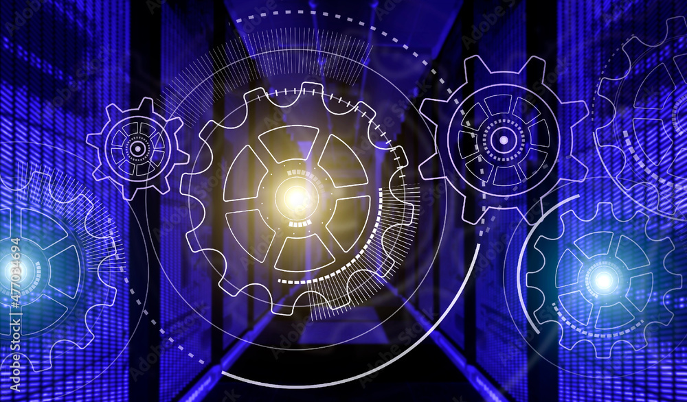 3D render digital control and computing system in data center, HUD ...