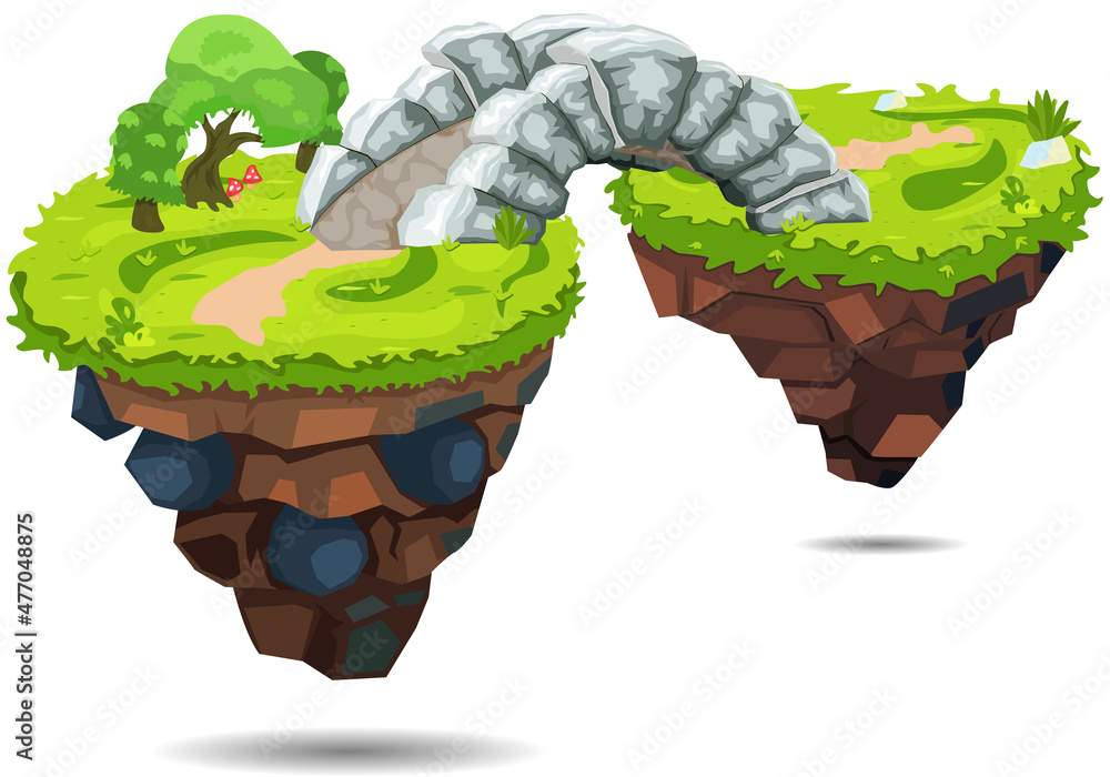 Two islands floating in the air are connected by a stone bridge. Vector ...