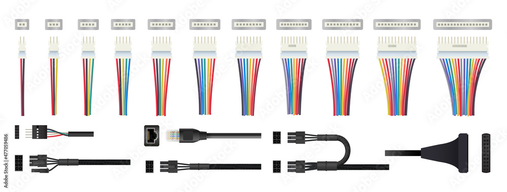 A collection of connectors and cables for different devices. Detailed ...