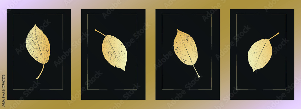 Set of golden gradient skeleton apple tree leaves on black gradient ...