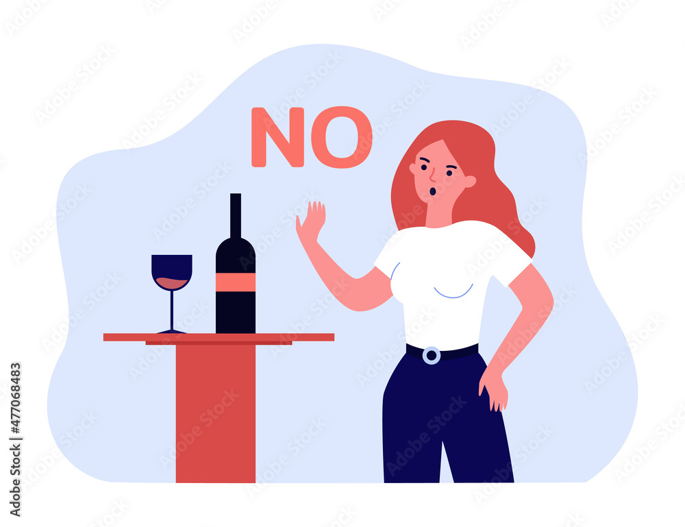 Angry cartoon woman saying no to alcohol. Girl choosing healthy ...