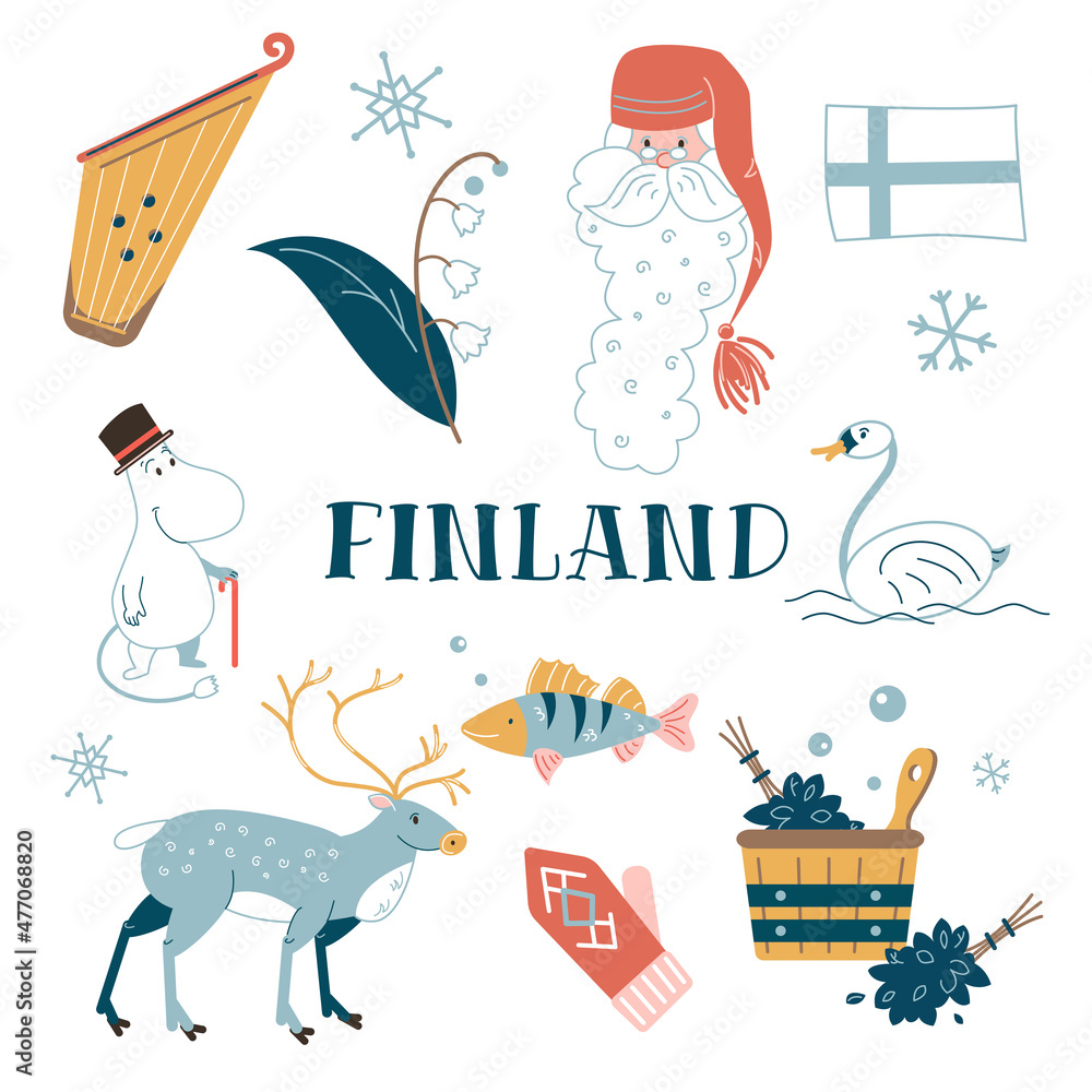 National culture symbols and ornaments of Finland set. Vector ...