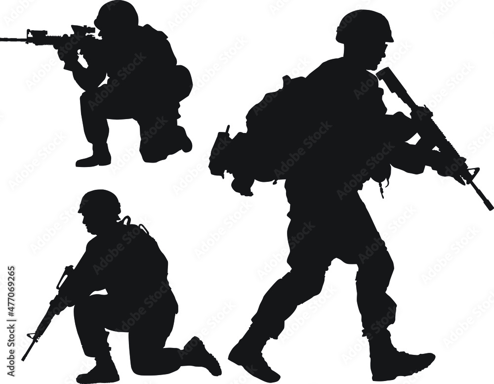 Vector silhouettes of American soldiers in combat positions. Stock ...