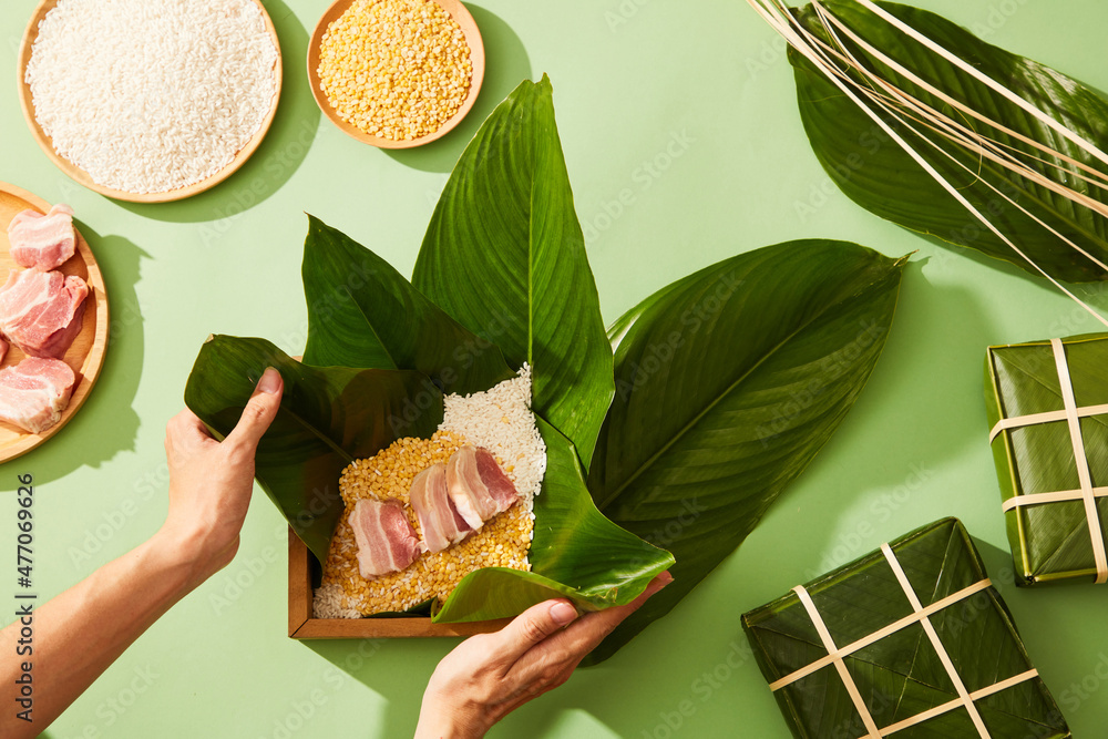 Vietnamese traditional Chung cake with dong leaf pork glutinous rice in ...