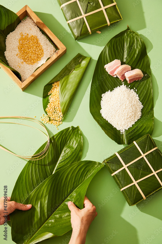 Vietnamese traditional Chung cake with dong leaf pork glutinous rice in ...