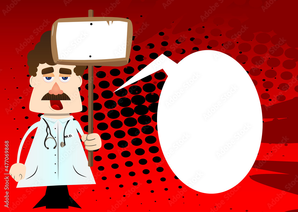 Funny cartoon doctor holding blank sign. Vector illustration. Stock ...