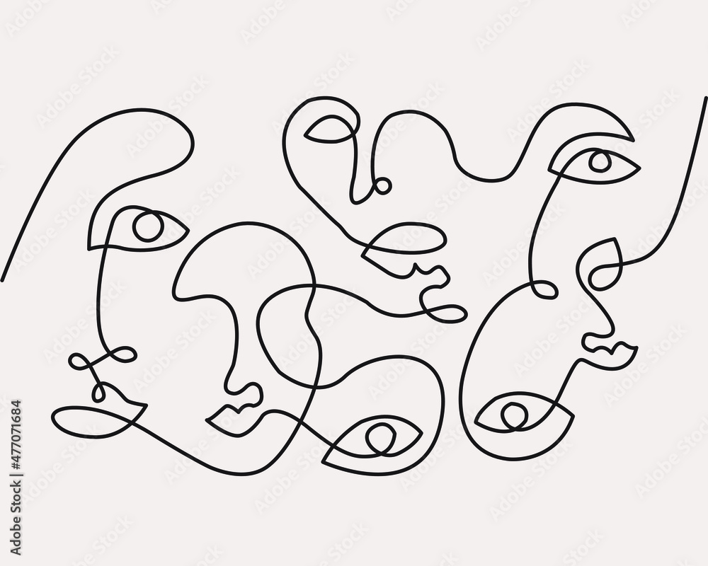 Drawing Faces outline. Line drawing. One line faces. Silhouette faces ...