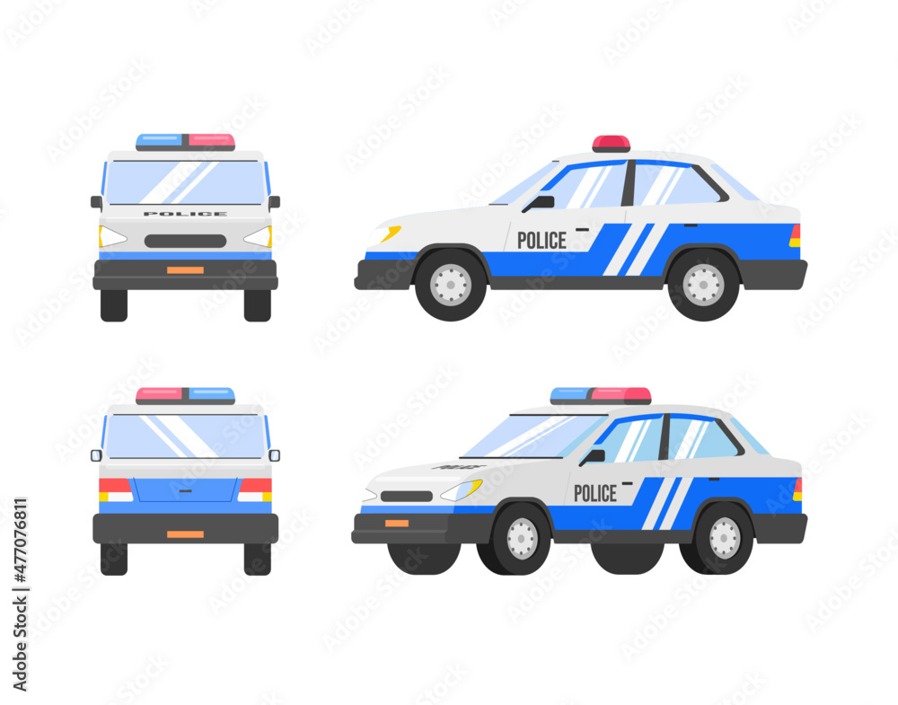 police car four angle set. Car side, back and front view. Vector flat ...