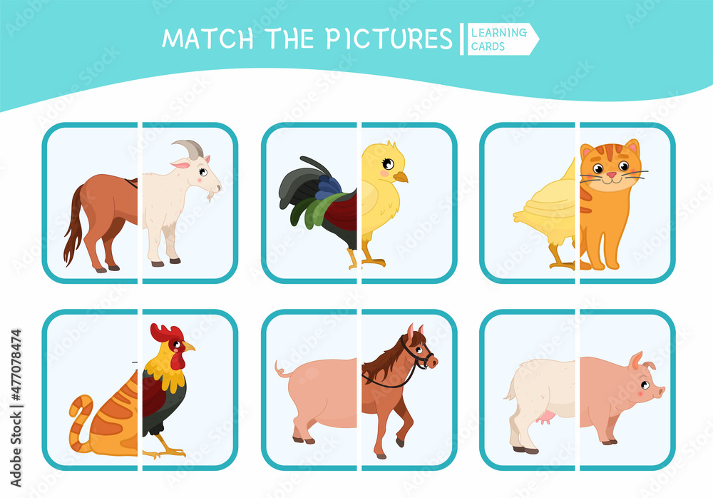 Matching children educational game. Match parts of farm animals ...