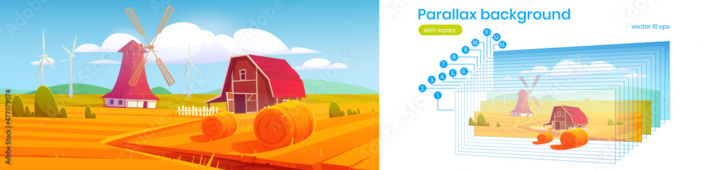 Rural landscape with hay bales on agriculture field, farm barn ...
