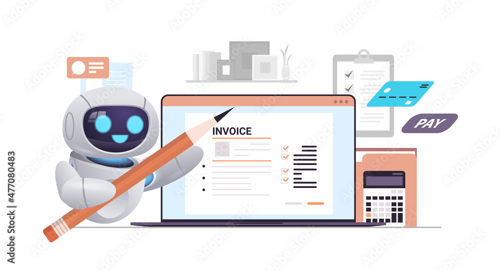 robot calculating invoice on laptop screen accounting robotic ...
