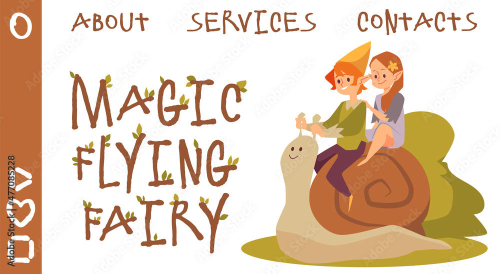 Magic cartoon female and male pixie characters ride snail holding on to ...