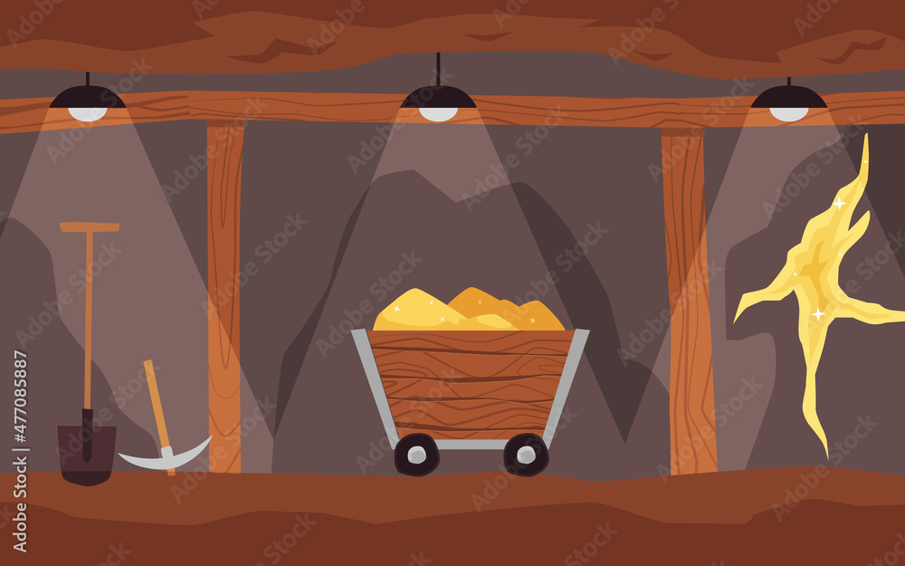 Underground gold mine background, vector illustration. Gold digging and ...