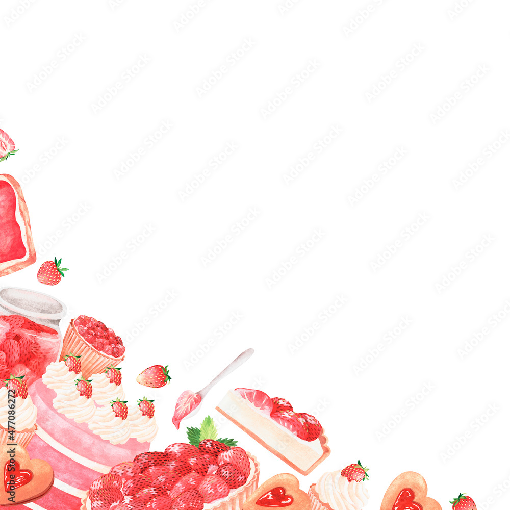 Strawberry sweets corner. Watercolor illustration. Isolated on a white ...