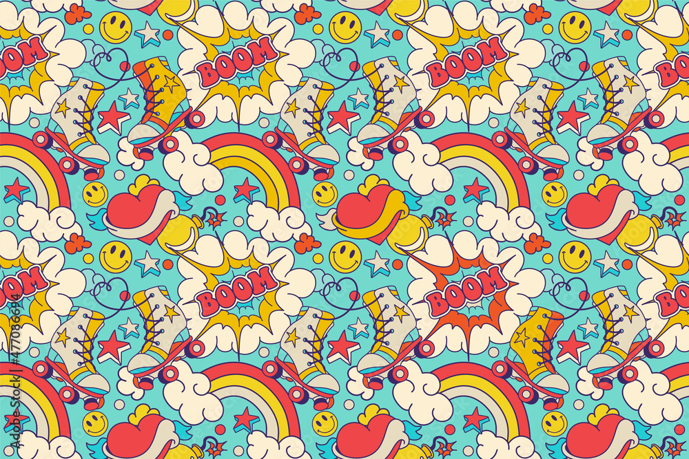 Funky seamless pattern with vintage roller skate. Cool street graphic ...