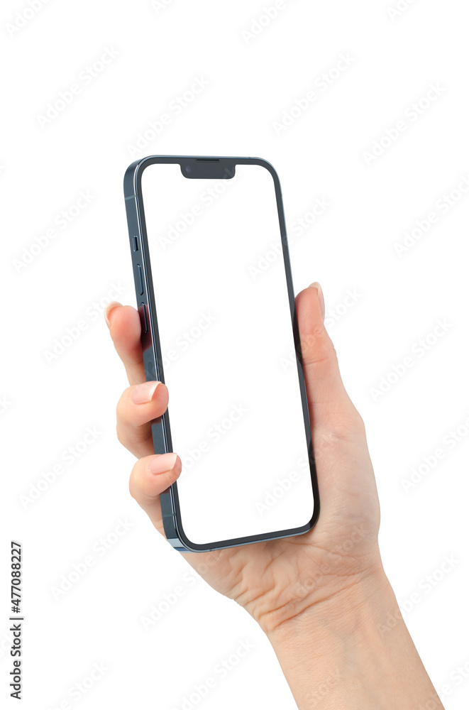 Apple iPhone 13 mock up in a turned female hand isolated on a white ...
