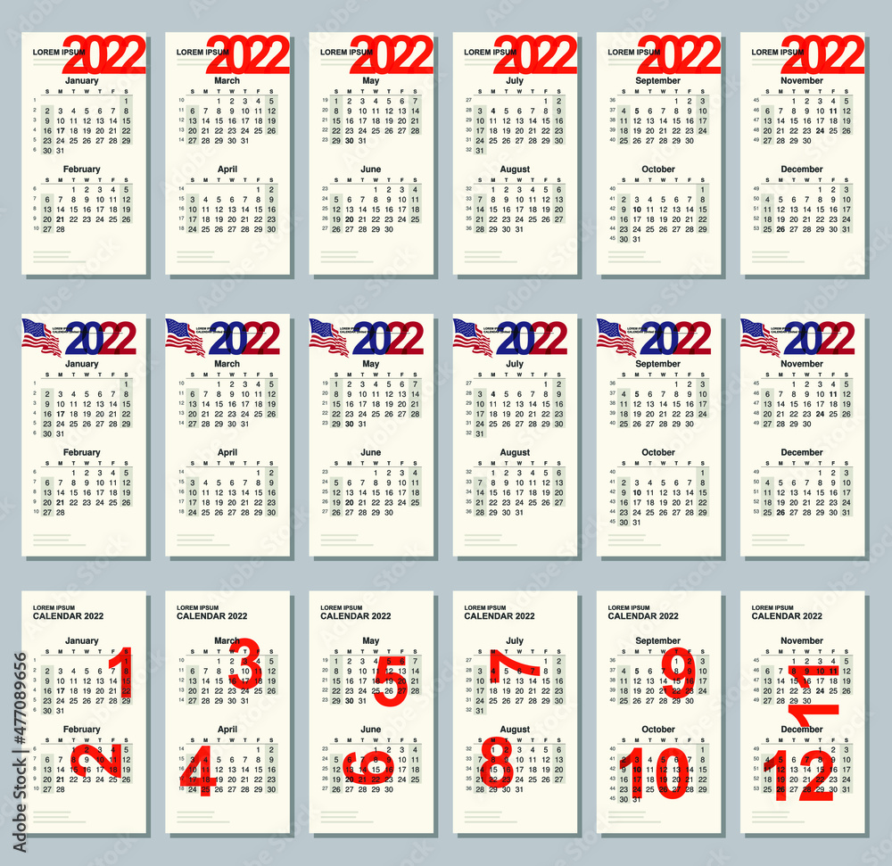 Calendar template for year 2022 including week numbers. Week Starts on ...