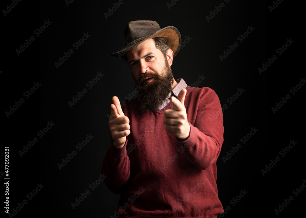 Cowboy man point fingers gun. Sheriff or marshal. American western ...