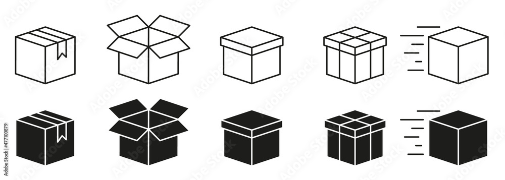 Cardboard Boxes Line and Silhouette Icon Set. Open and Closed Parcel ...