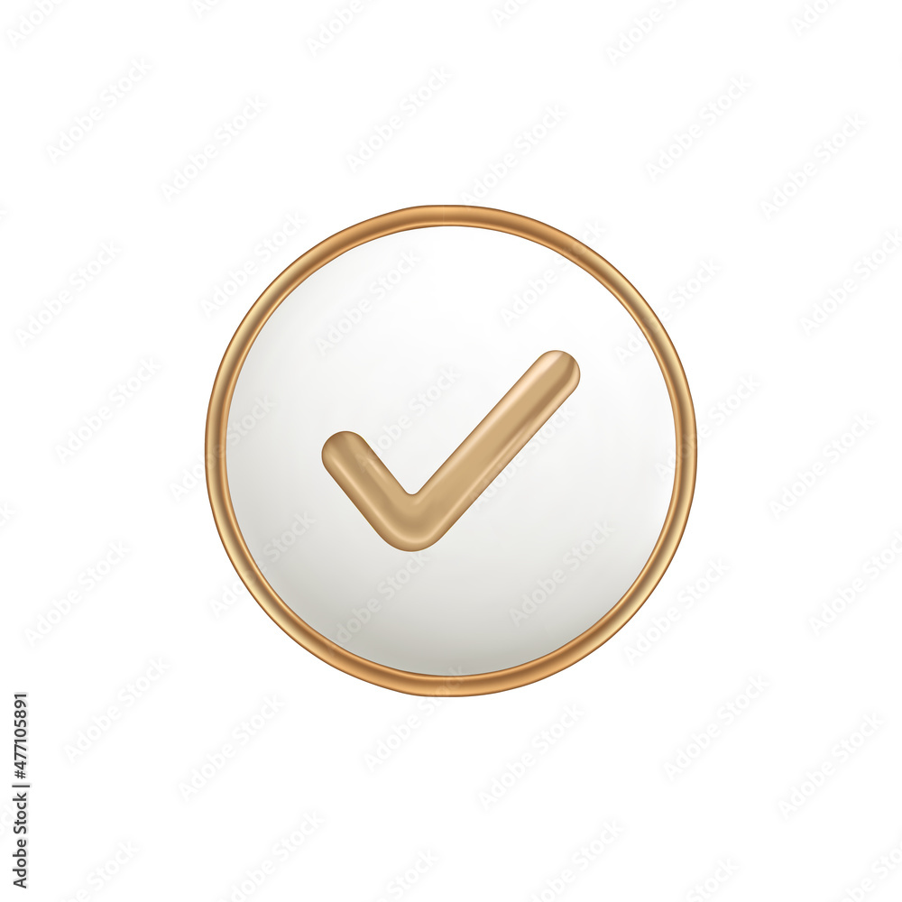 Golden check-mark in circle isolated on a white background. 3d render ...