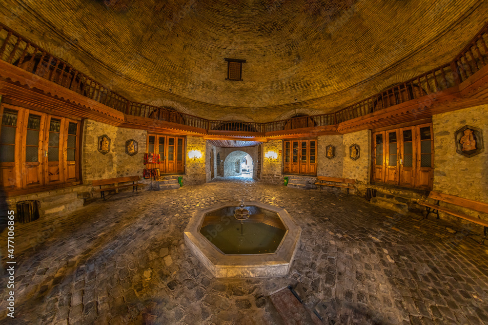 Caravanserai in wide angle on the old silk road in Seki Azerbaijan. A ...