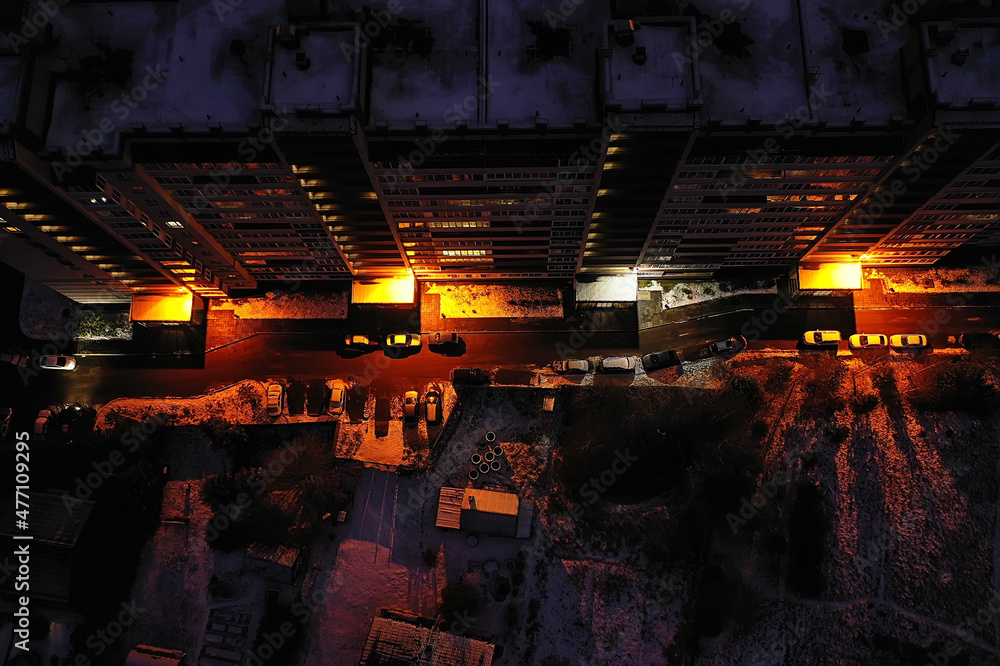 night city top view winter, architecture top roof facade lights Stock ...