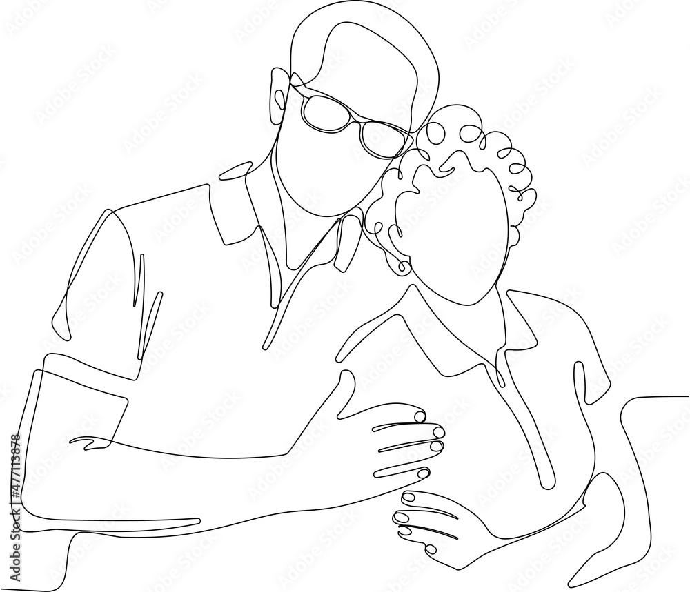 Continuous one line drawing of senior couple. Elderly people hug ...