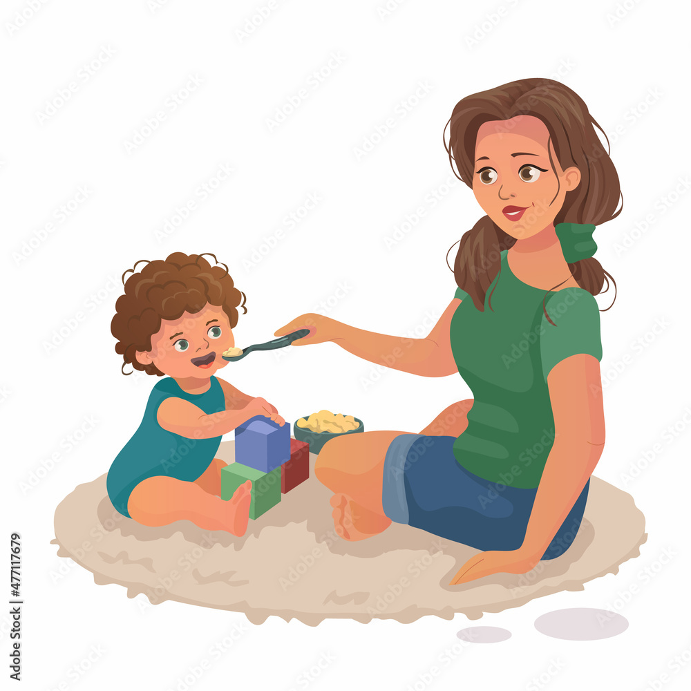 Mom feeds the baby. Feeding kids healthy foods. Mother nursing spoon ...