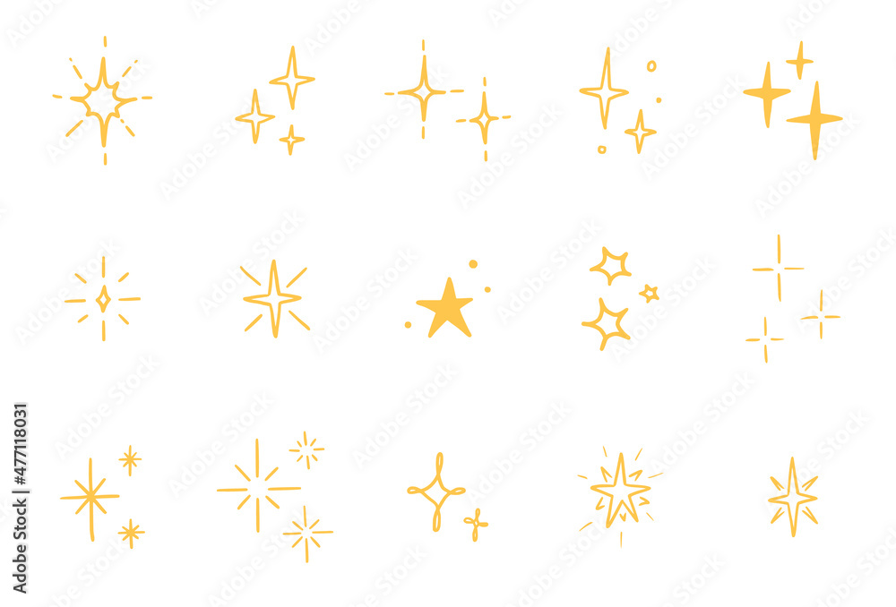 Line star glitter shine of doodle set. Star shine glow, spark glitter, sparkle light vector ...