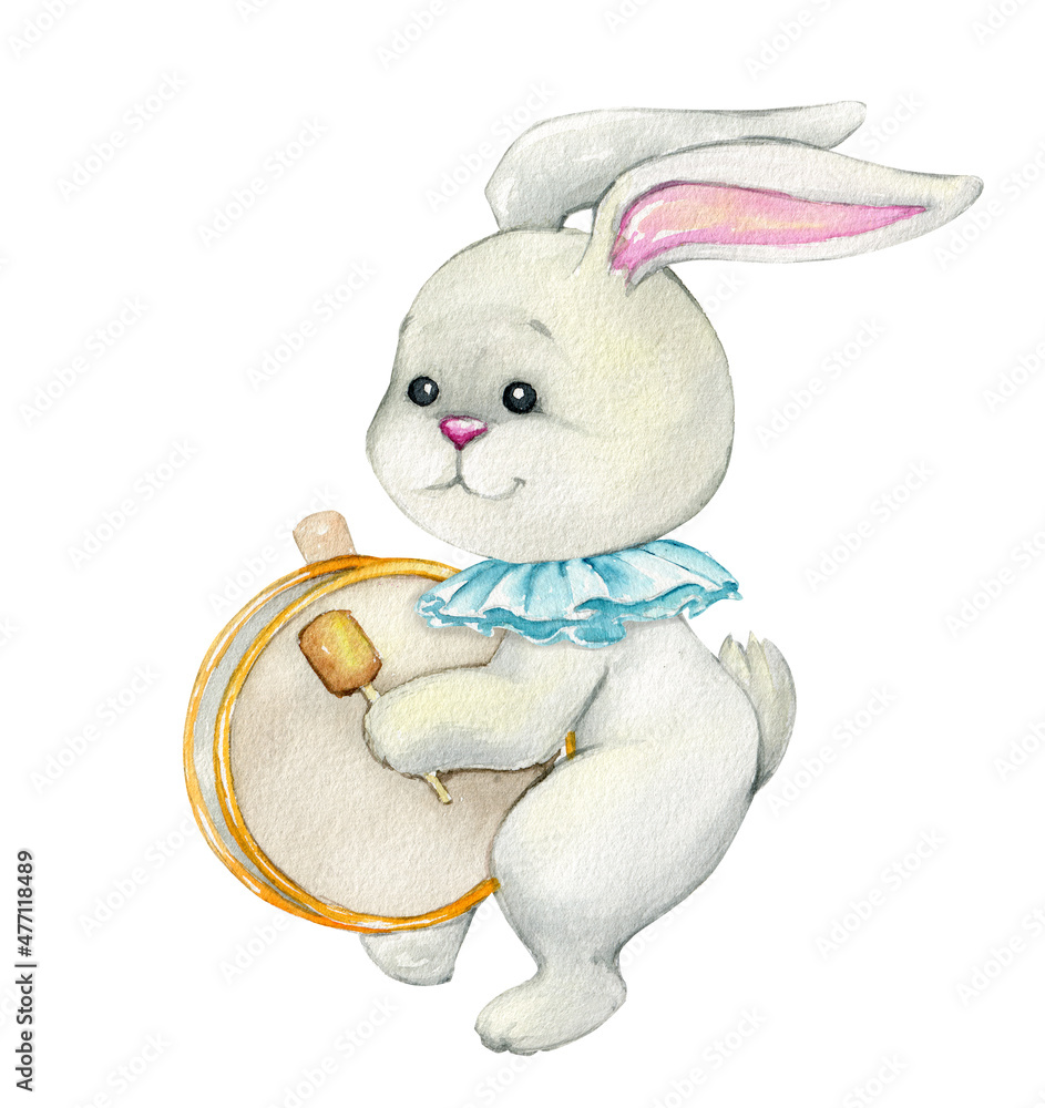 Bunny, drum, watercolor clipart on an isolated background, in cartoon ...