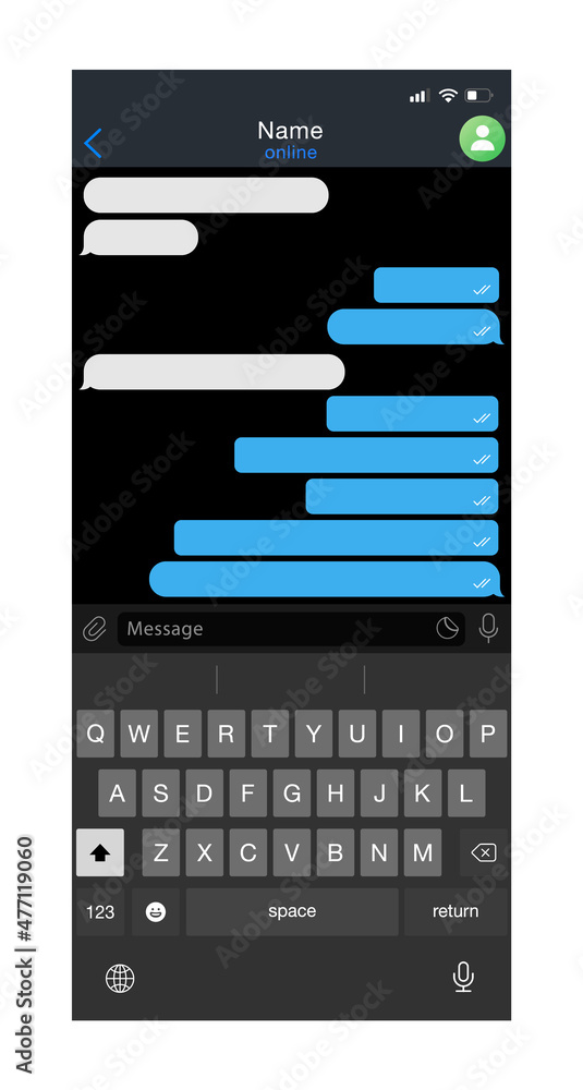 Phone chat with messages and mobile keyboard on screen for text ...