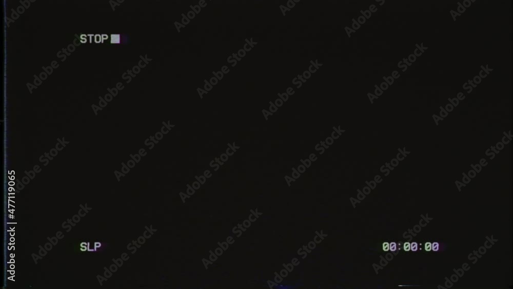 VCR Stop button interface overlay. VHS defects, artefact and noise ...