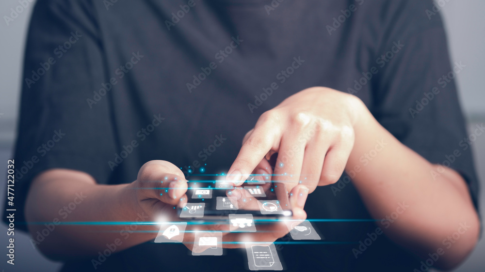 Document Management System (DMS) concept. Businessman work on ...