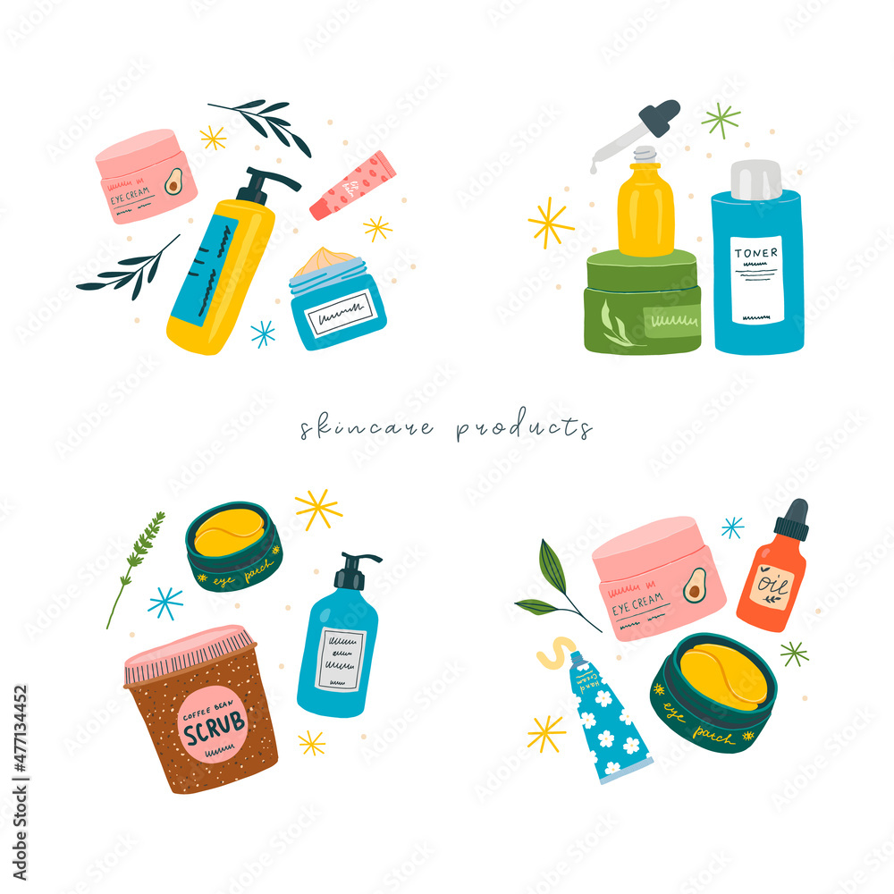 Skincare products in bottles, jars, tubes. Beauty routine illustration ...