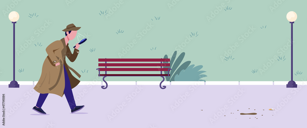 Vector illustration of detective, inspector, agent, spy investigates ...