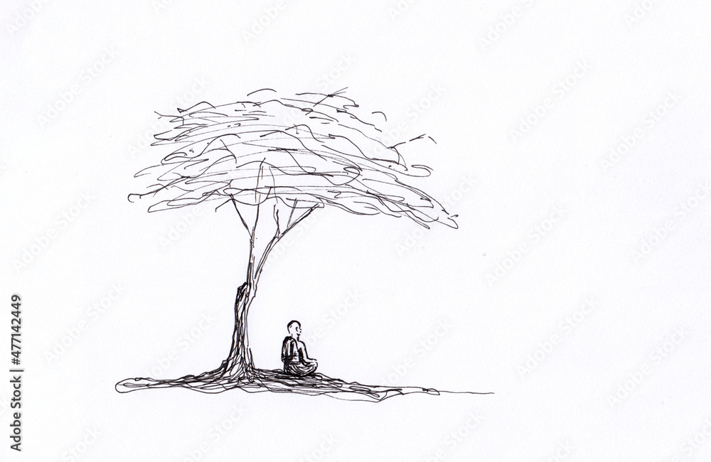 Ink drawing of Buddhist monk meditating under tall tree. Hand drawn ...
