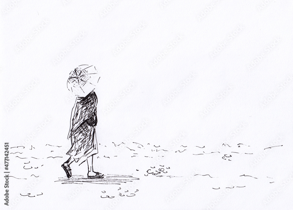 Ink drawing of Buddhist monk walking with umbrella. Hand drawn ...