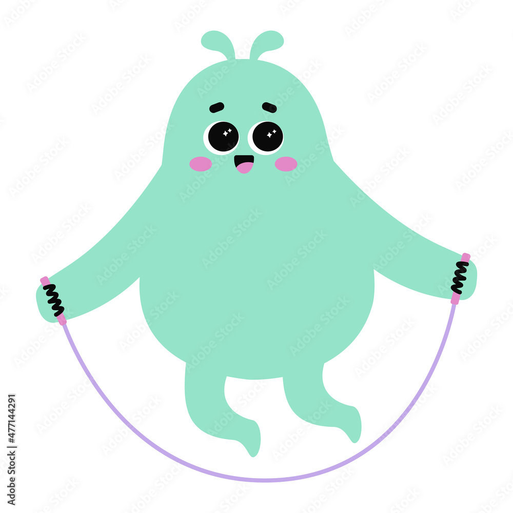 Cute monster with happy face emotion jumping rope. Bizzare kind ...