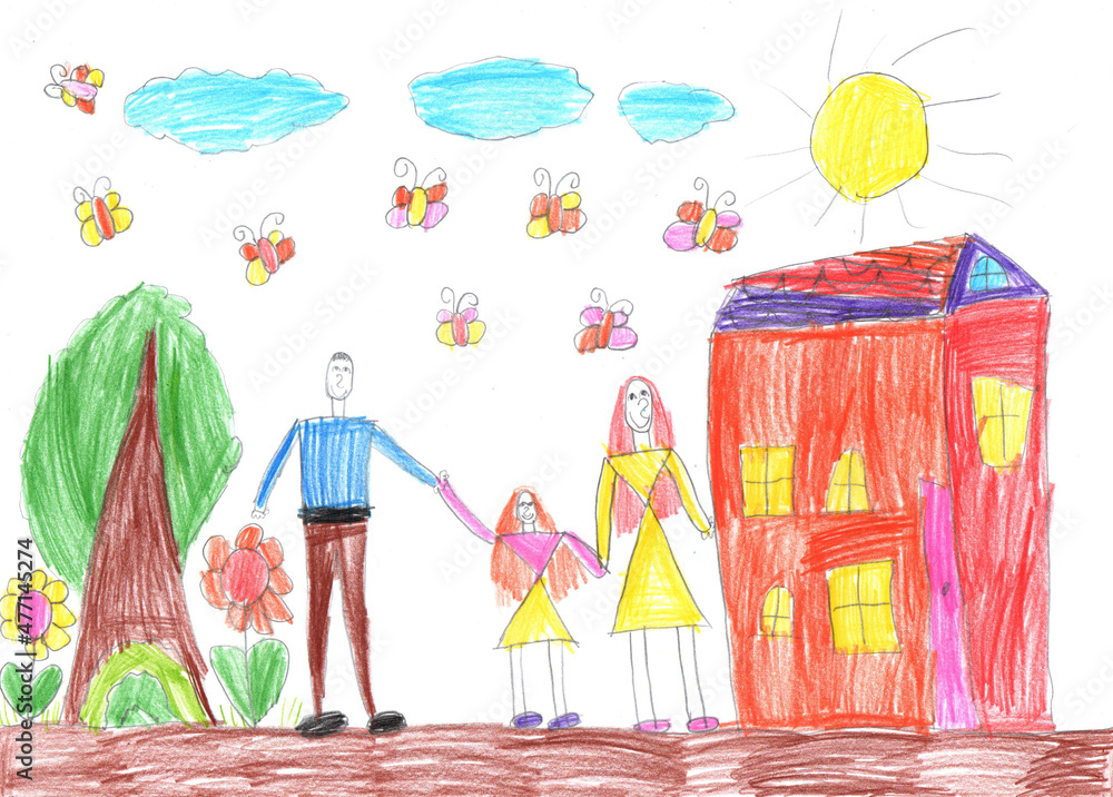 Child drawing of a happy family on a walk outdoors. Pencil art in ...