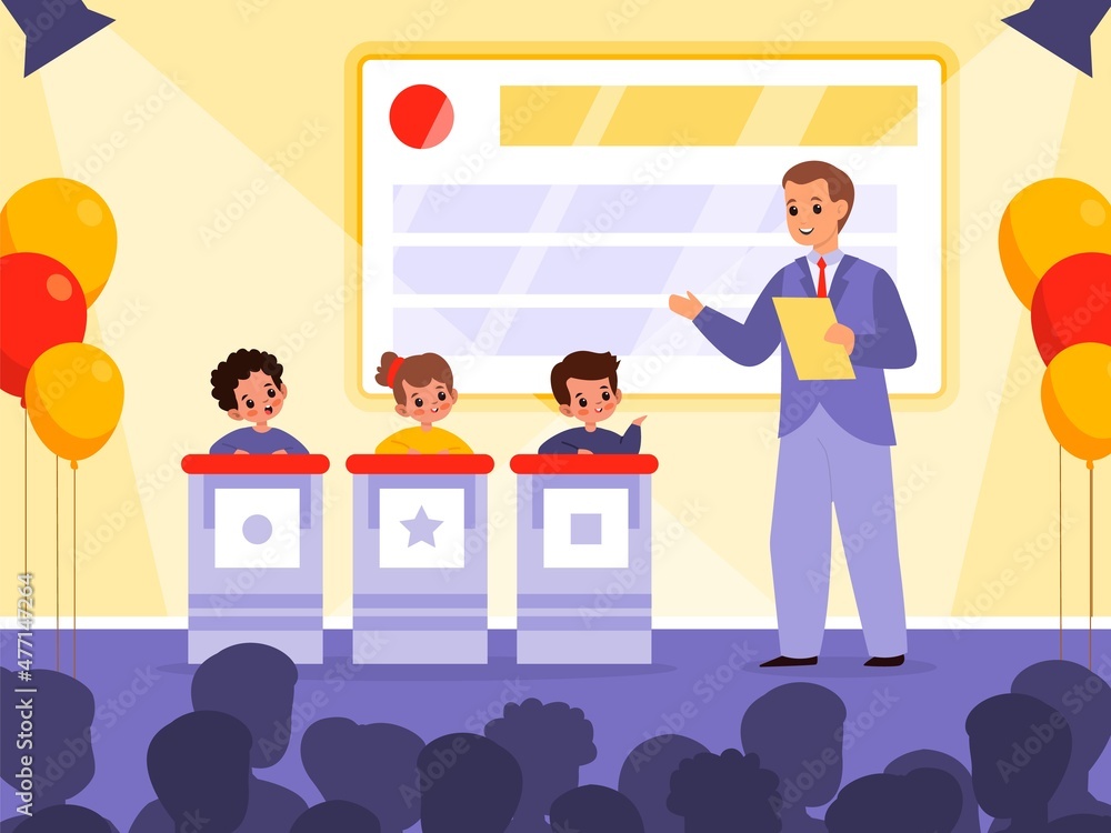 Kids quiz TV show. Intellectual game contest. Young players stand ...