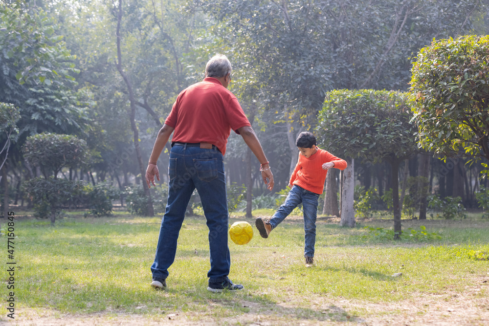 Grandfather and grandson playing with ball at park Stock Photo | Adobe ...