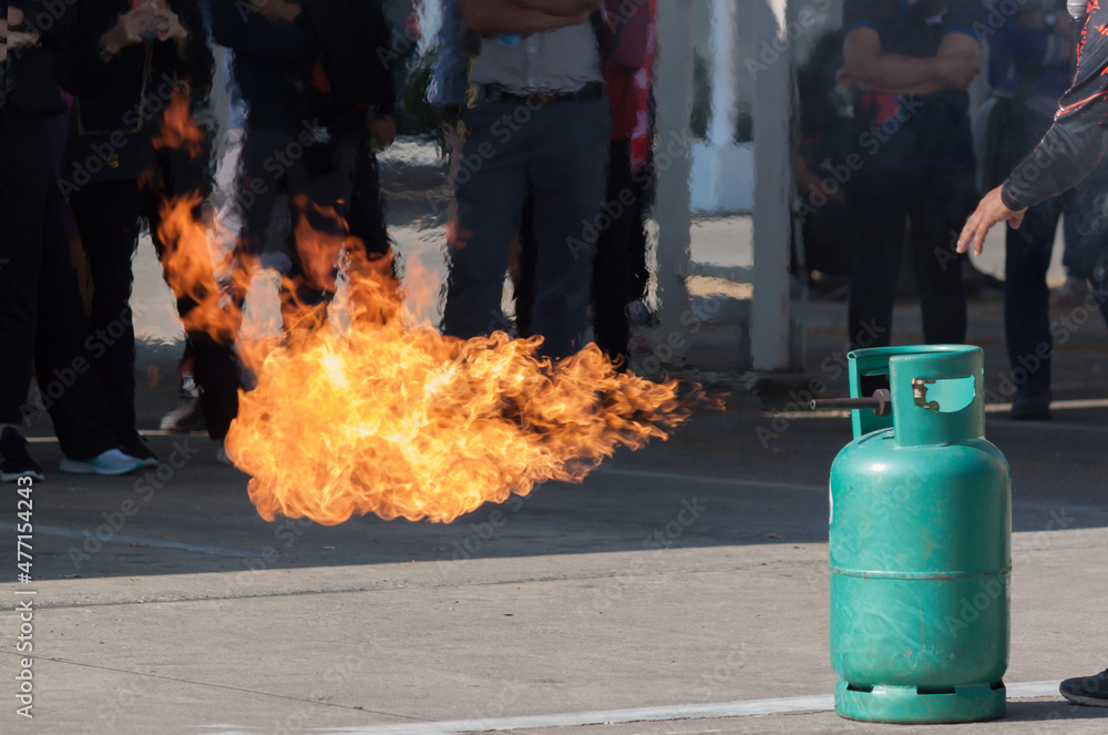 Simulate gas leak firefighting training. and primary fire evacuation ...